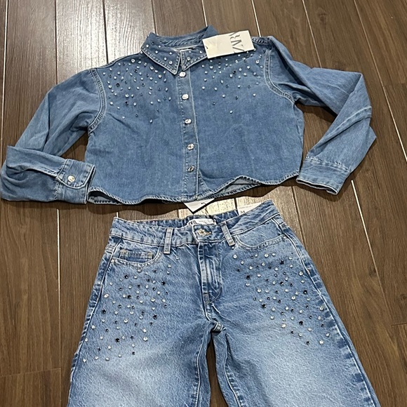 Zara | Pants & Jumpsuits | Zara Rhinestones Denim Cropped Top And Pant ...